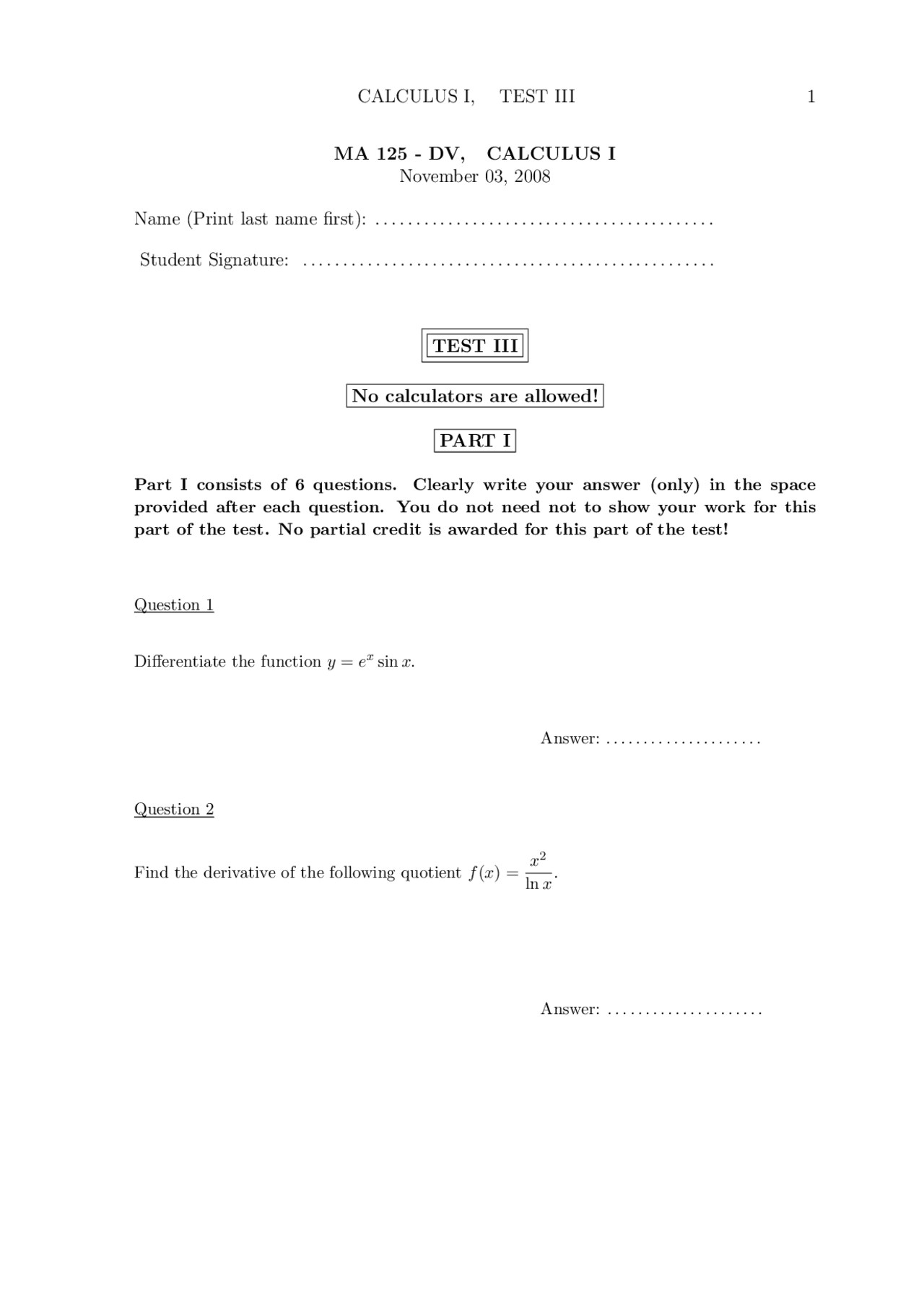 Correct Value - Calculus I - Exam - Docsity