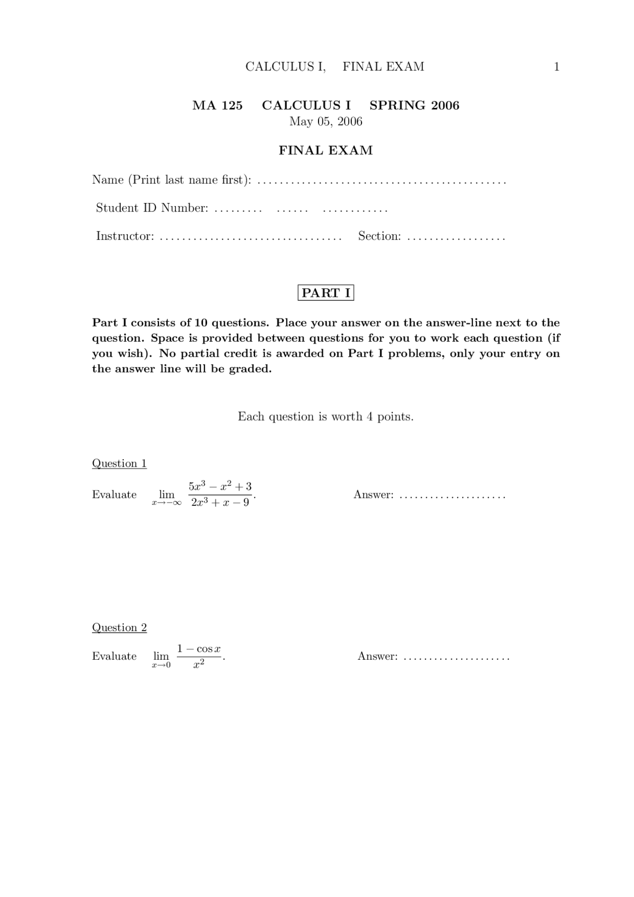 Derivative Of Function Calculus I Exam Docsity