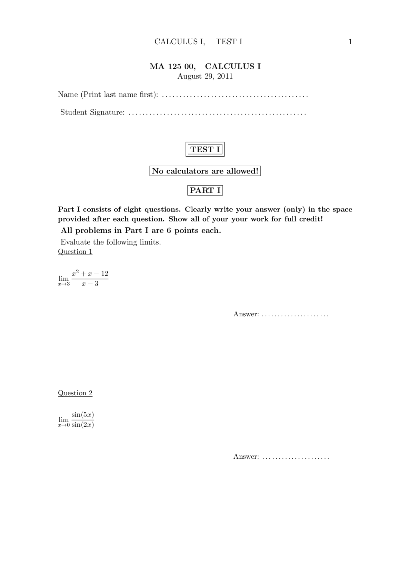 Left Sided Limit Calculus I Exam Docsity