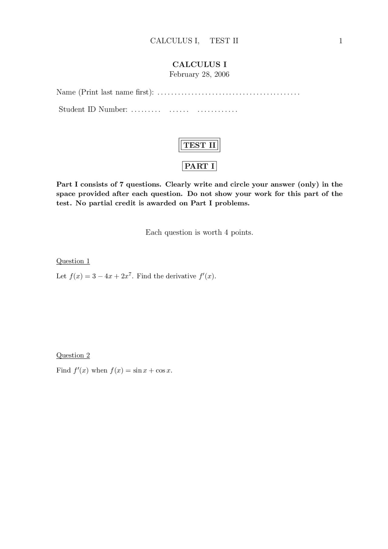 Horizontal Tangent Line Calculus I Exam Docsity