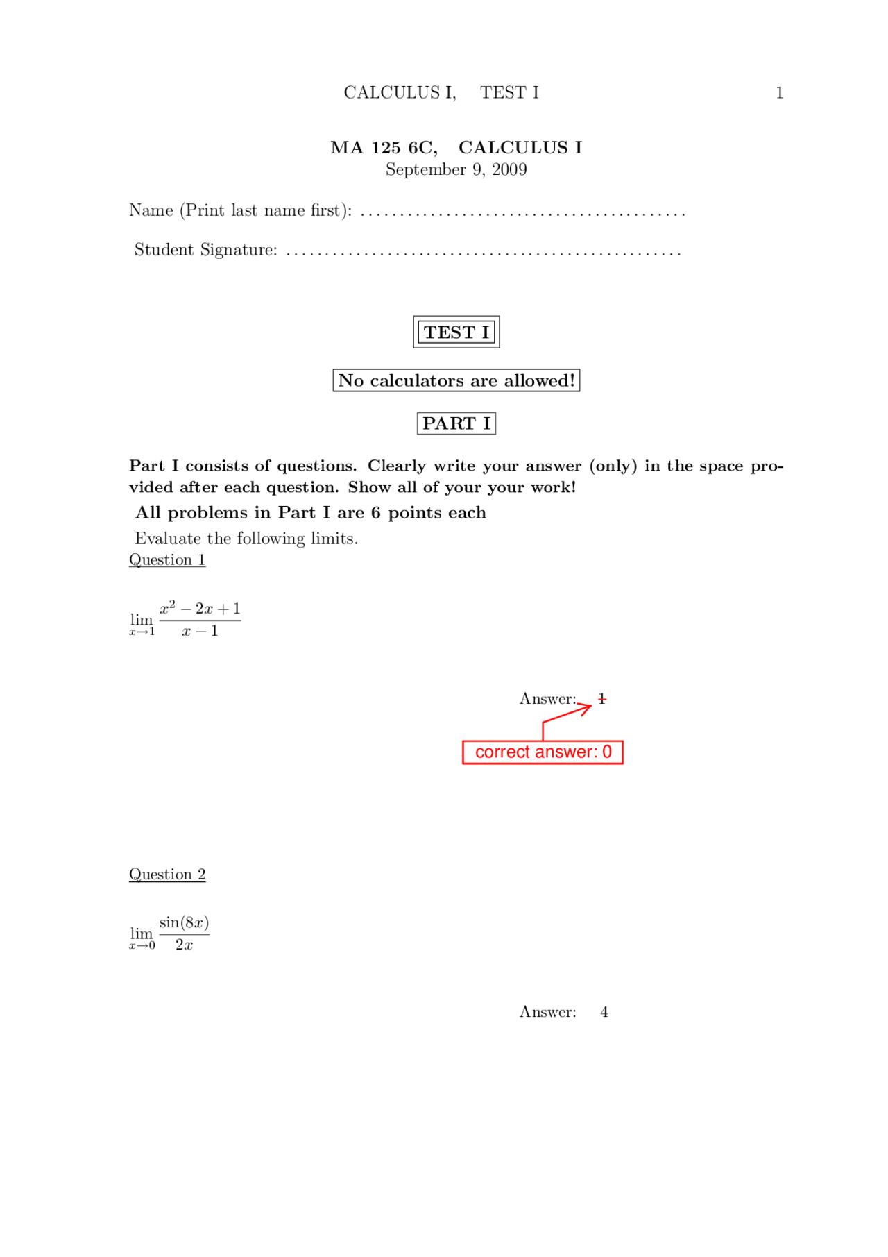 Evaluate Limits Calculus I Solved Exam Docsity