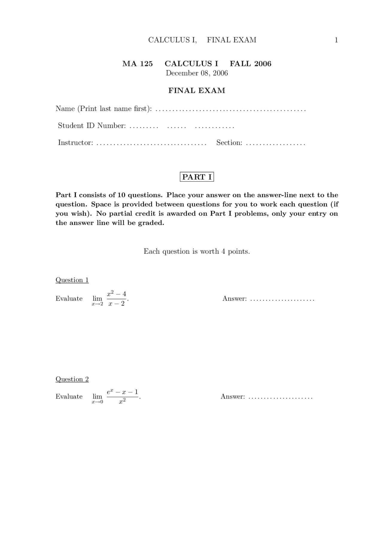 Inflection Points - Calculus I - Exam - Docsity
