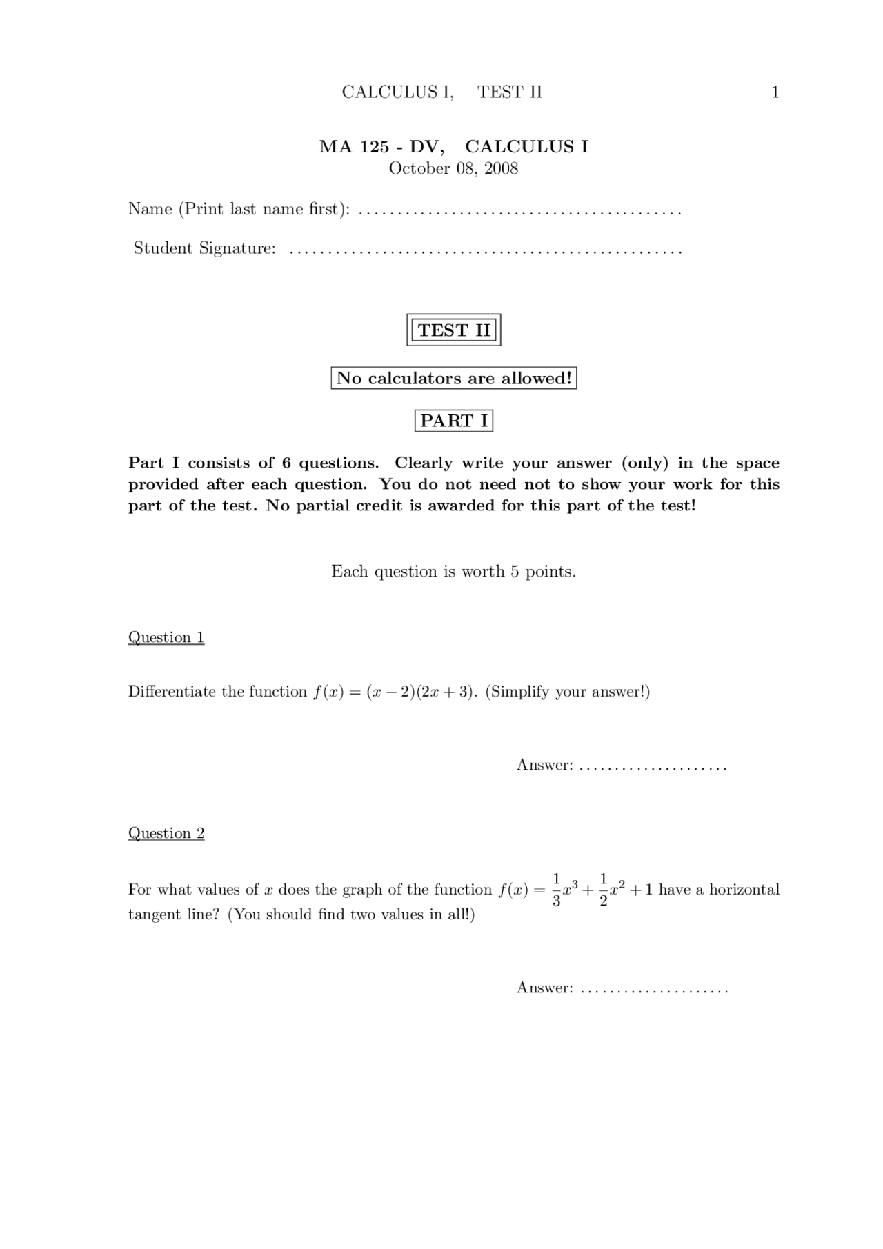 Function on Real Line - Calculus I - Exam - Docsity