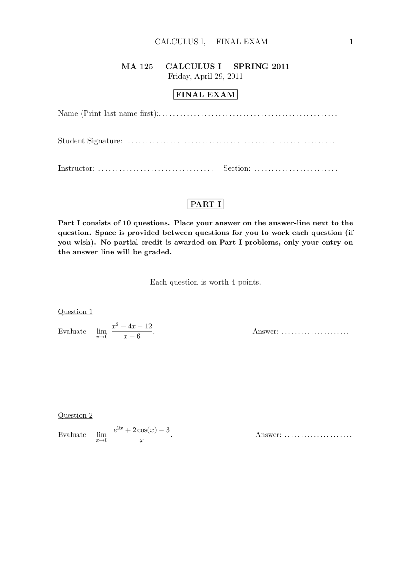 Find Approximation Calculus I Exam Docsity