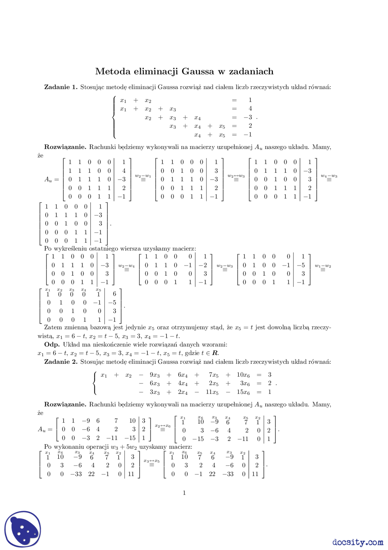 Metoda eliminacji Gaussa - Ćwiczenia - Algebra liniowa - Docsity