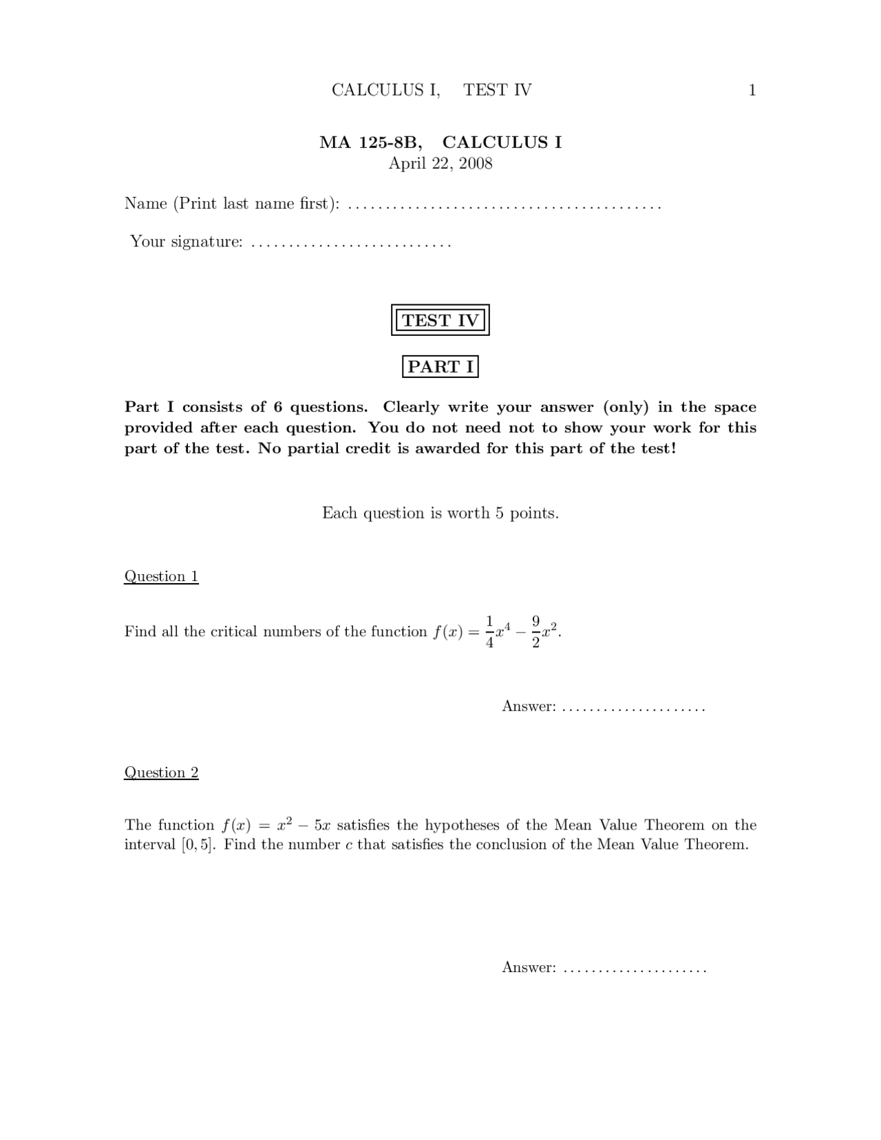 Minimum Values Calculus I Exam Docsity