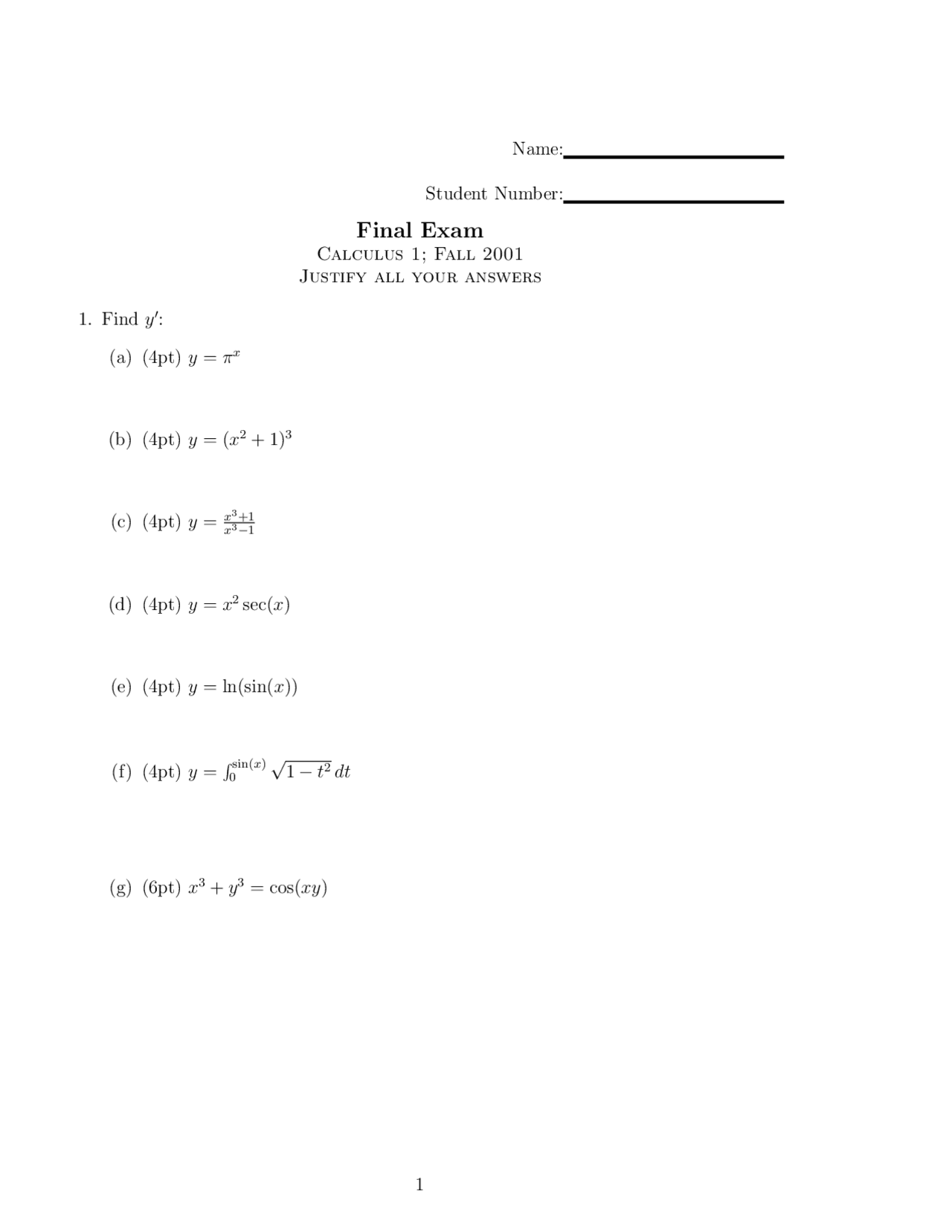 Calculus Exam: Fall 2001 - Final Exam Solutions | Exams Calculus | Docsity