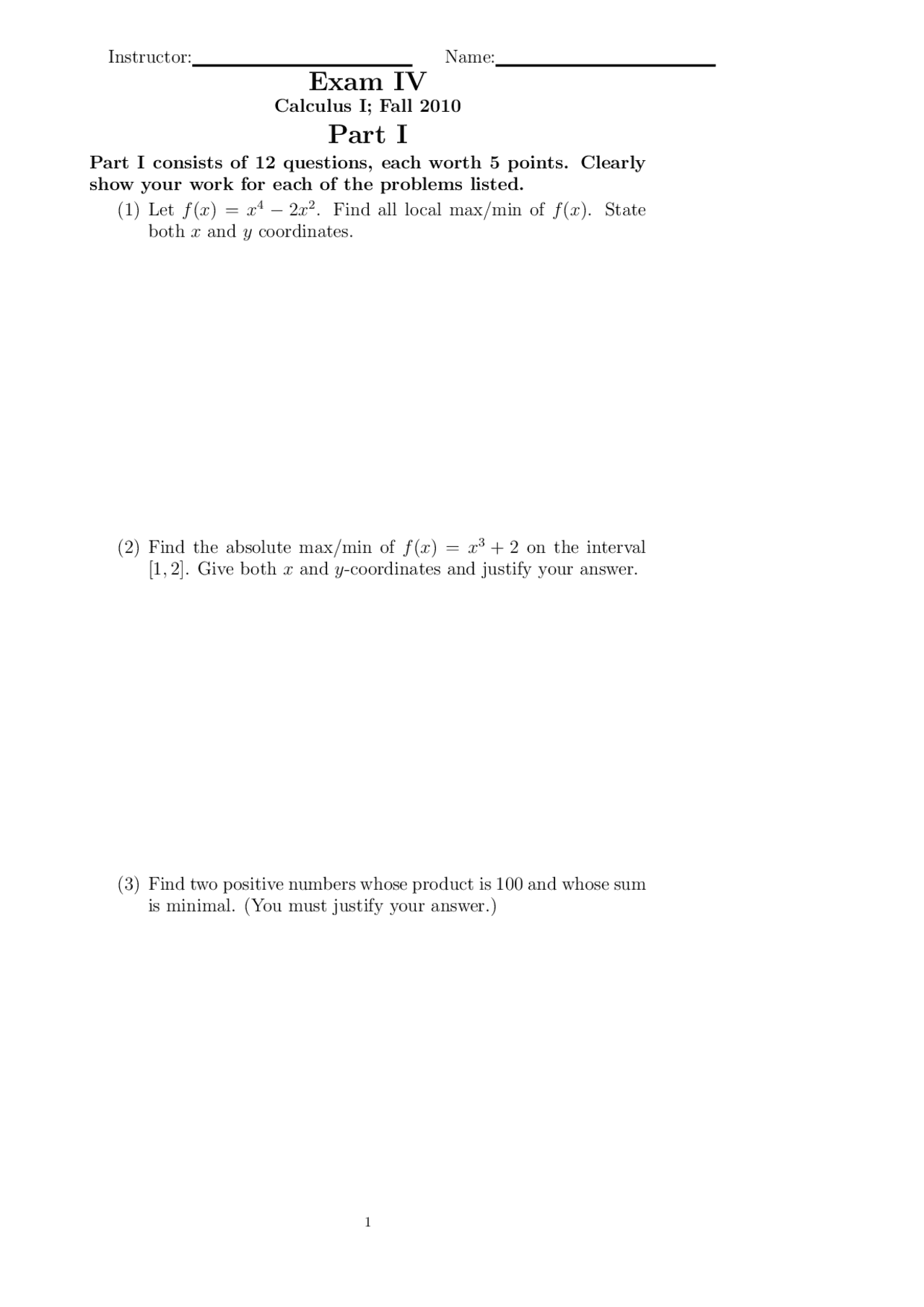 Points of Inflection - Calculus I - Exam - Docsity