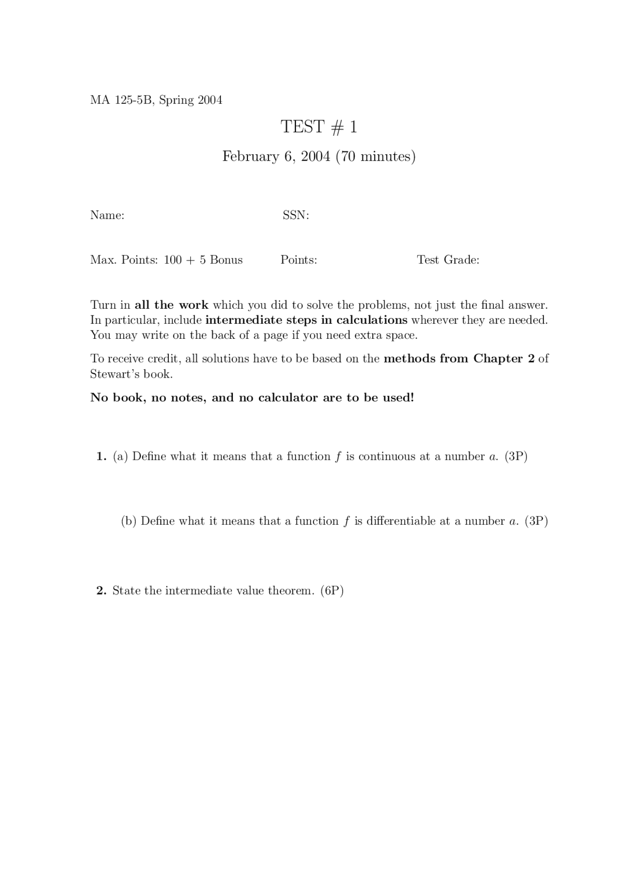 Continuous Function Calculus I Exam Docsity