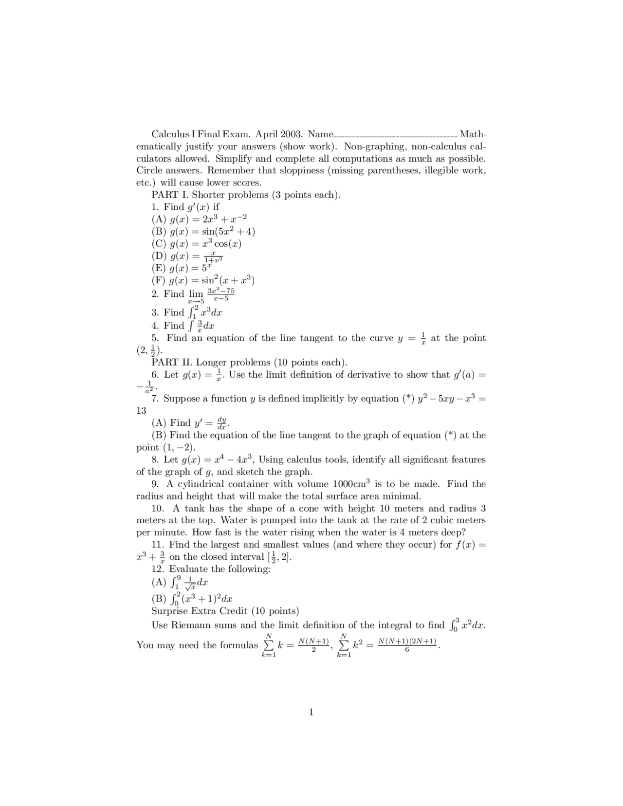 Limit Definition - Calculus I - Exam | Exams Calculus | Docsity