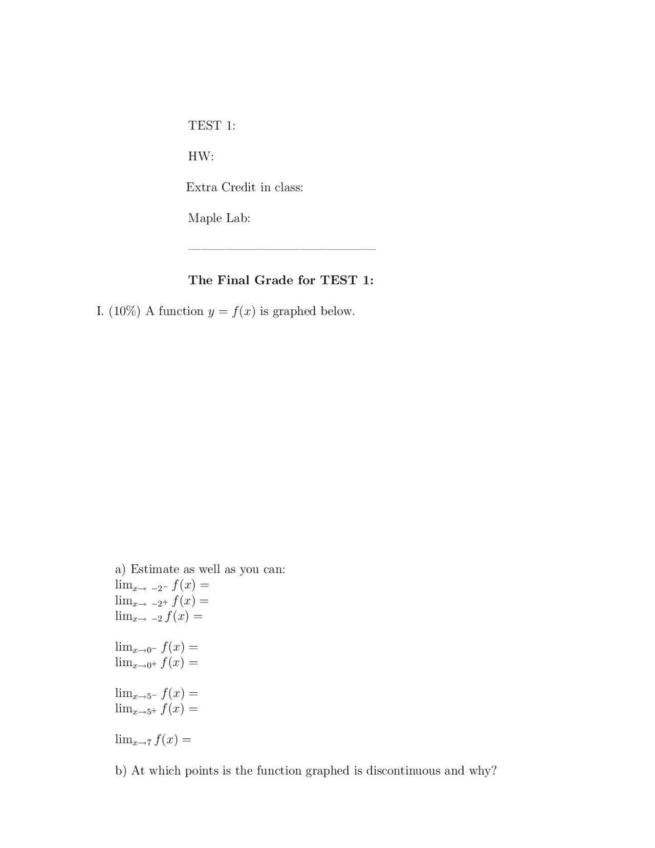 Function Graphed Calculus I Exam Docsity