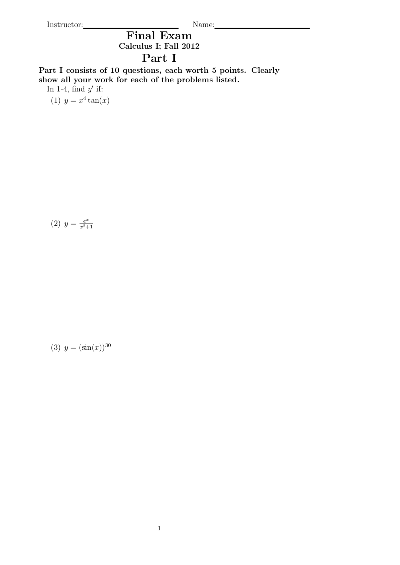 Dimensions of Rectangle - Calculus I - Exam - Docsity