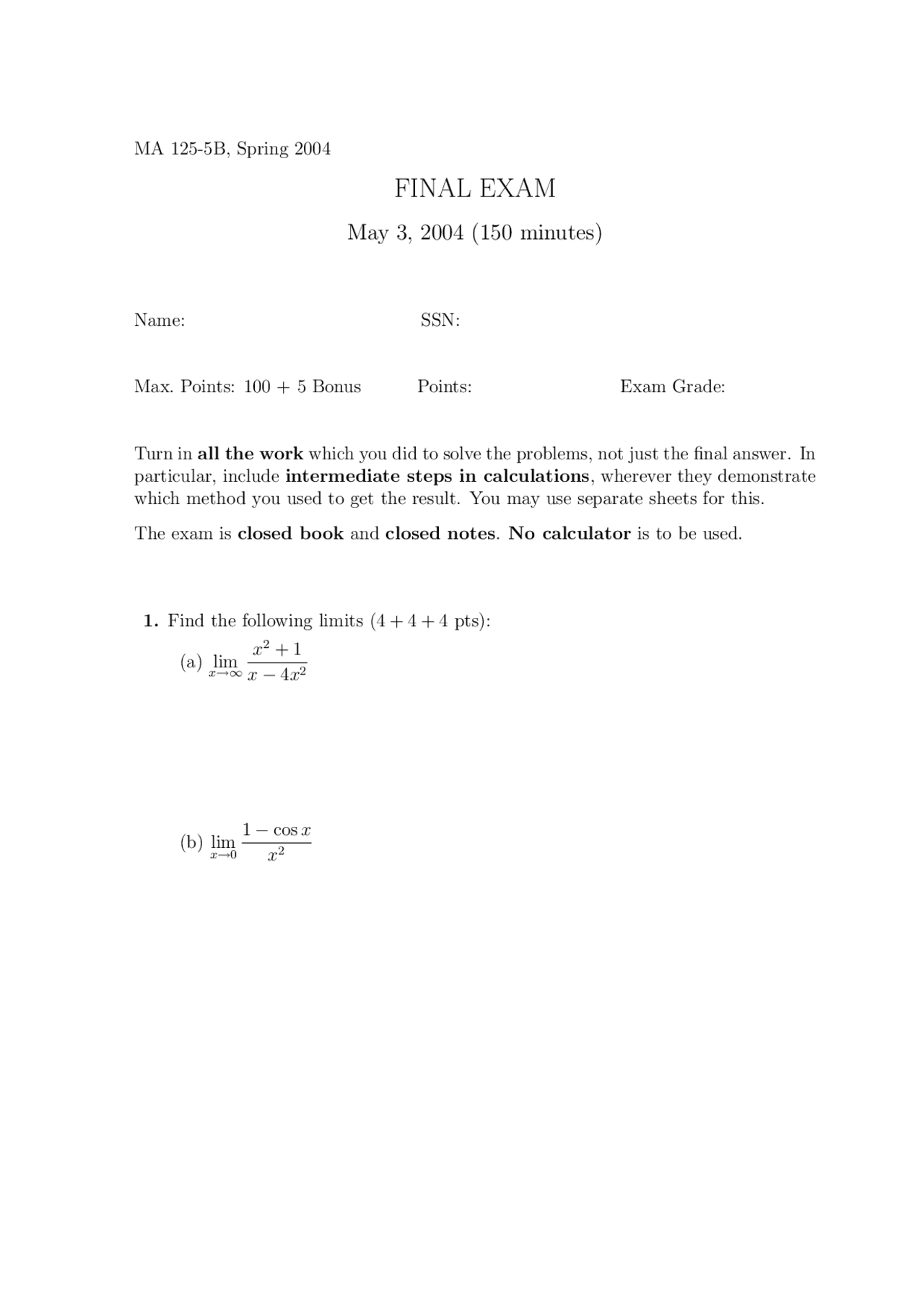Local Minima Calculus I Exam Docsity