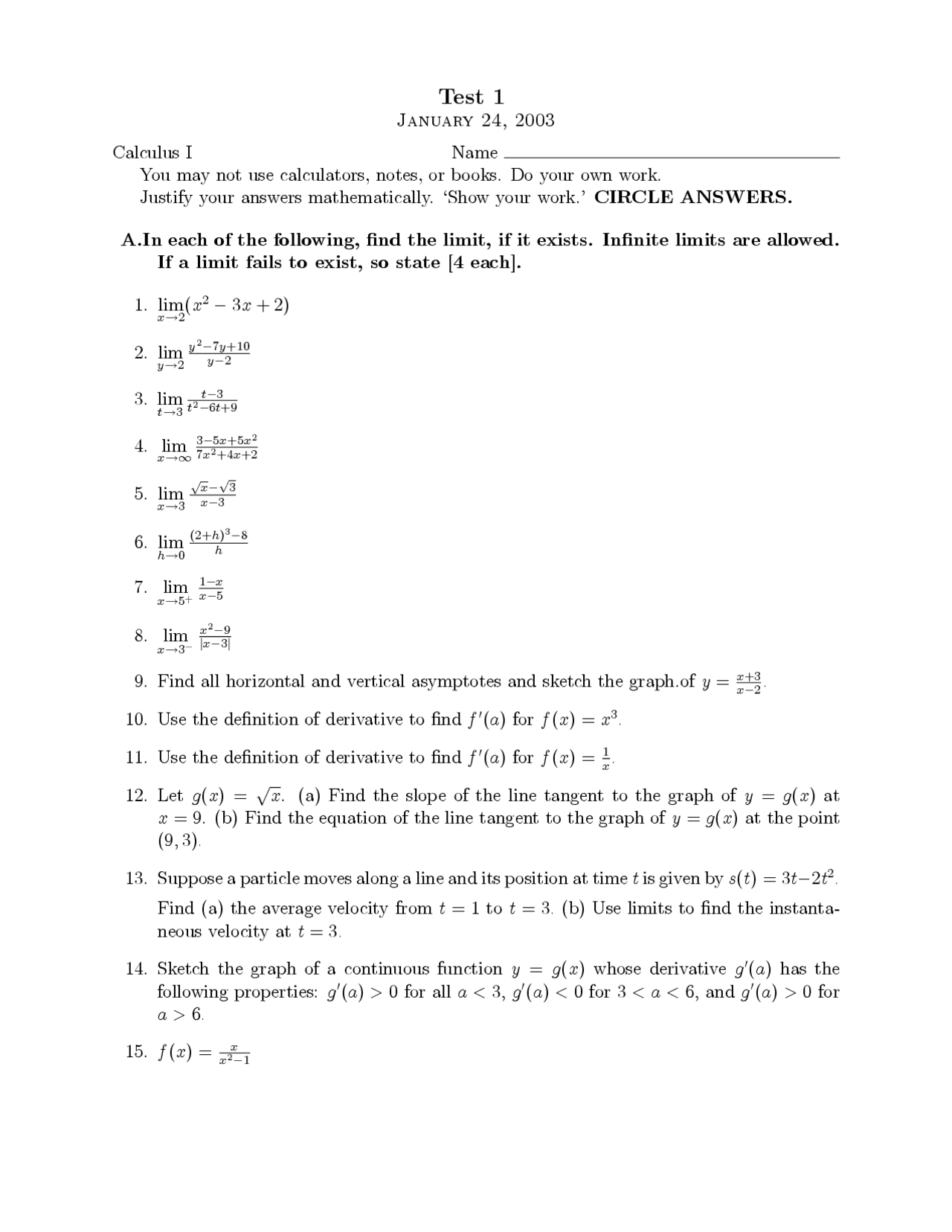 Infinite Limits Calculus I Exam Docsity