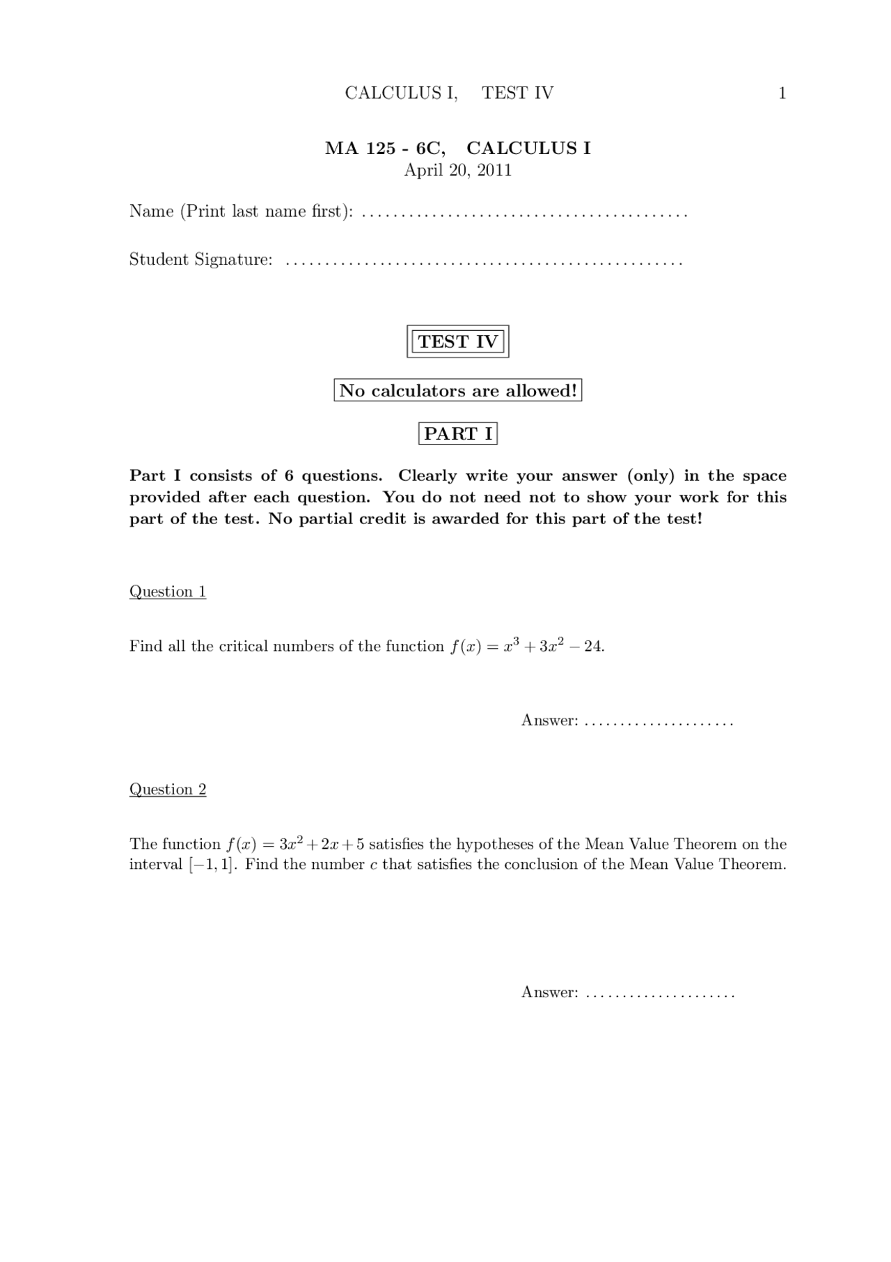 Hypotheses Of Mean Value Theorem Calculus I Exam Docsity
