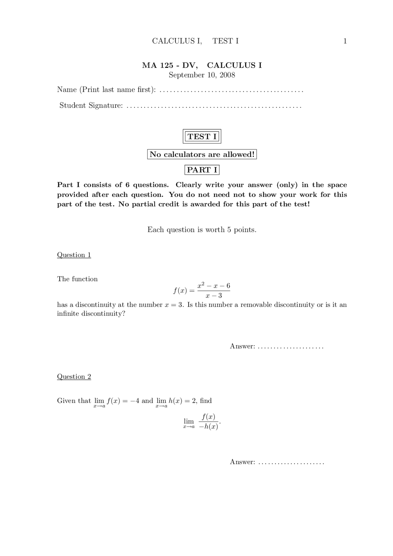 Removable Discontinuity Calculus I Exam Docsity