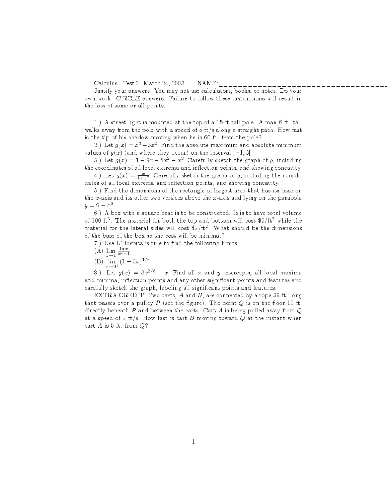 Straight Path - Calculus I - Exam - Docsity