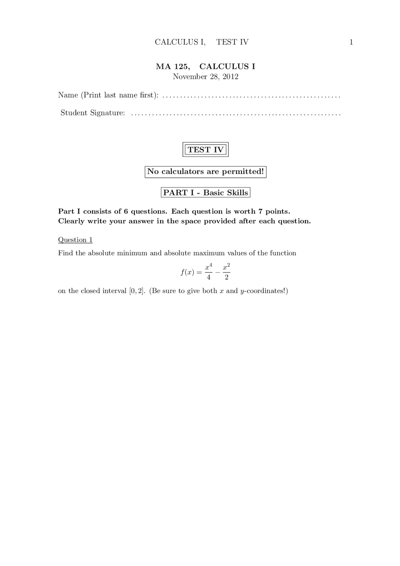 Absolute Maximum Values Calculus I Exam Docsity