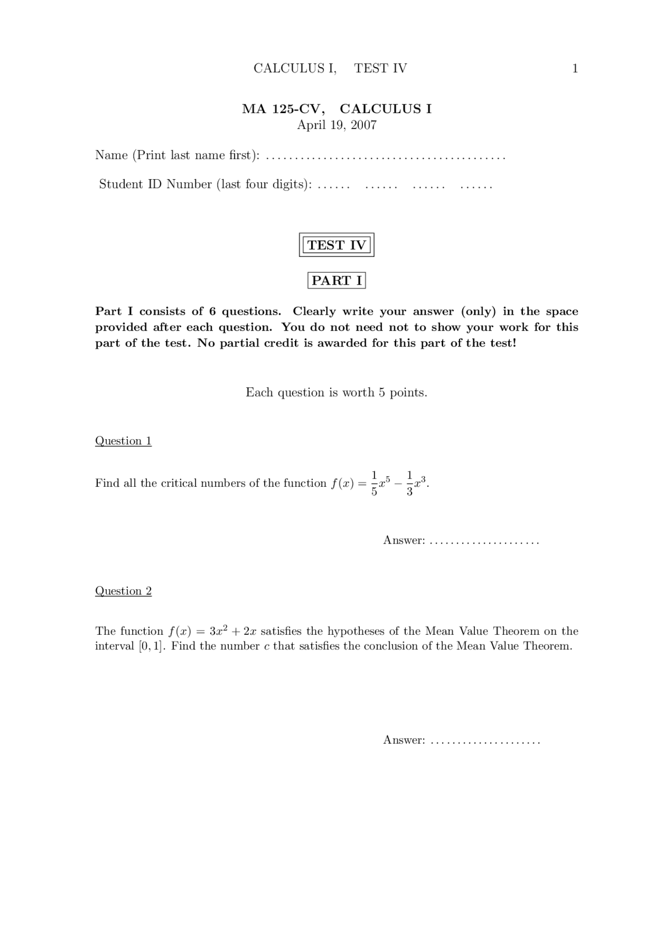 Conclusion Of Mean Value Theorem Calculus I Exam Docsity