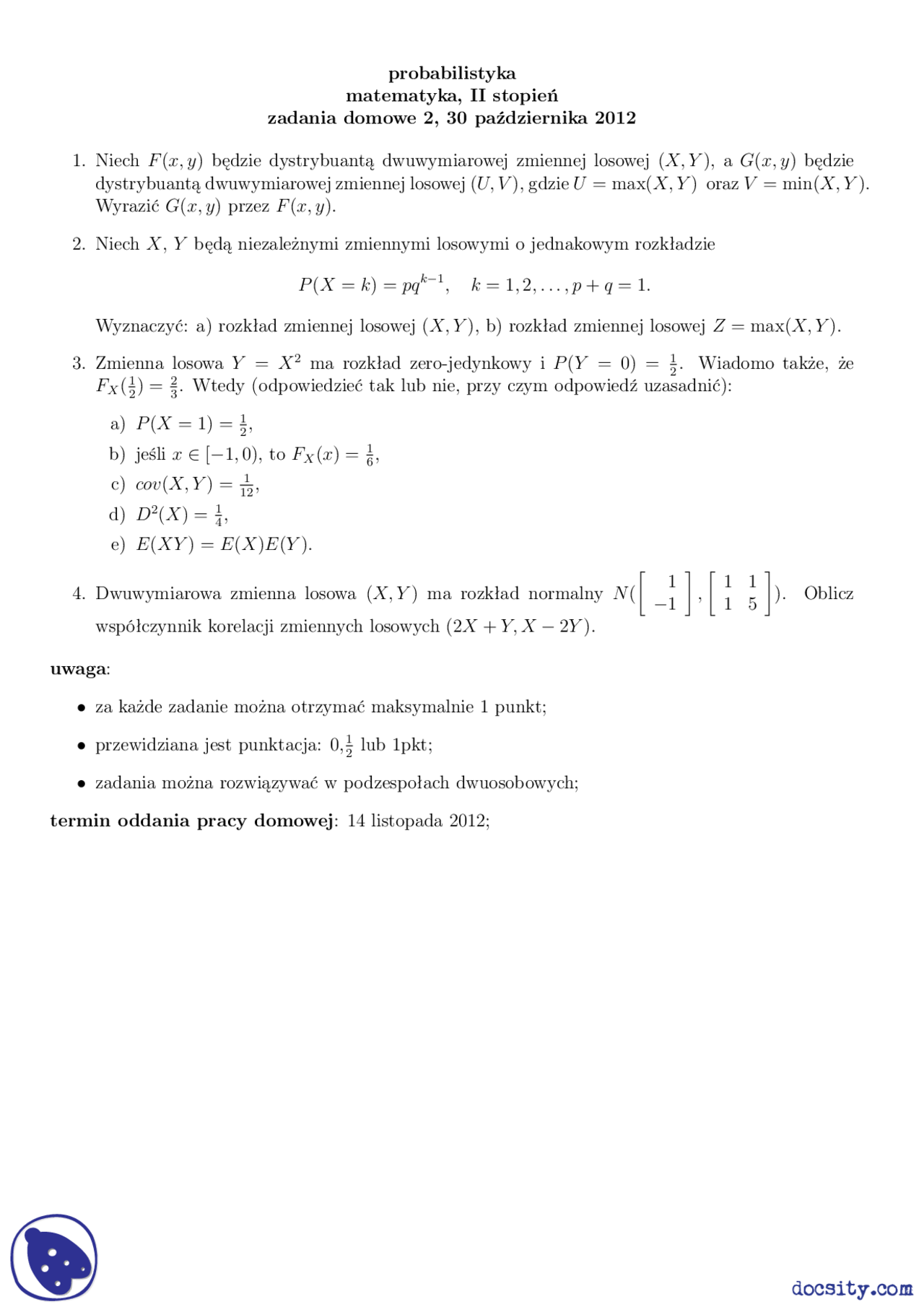 Rozkłady zmiennych losowych - Ćwiczenia - Probabilistyka - Docsity