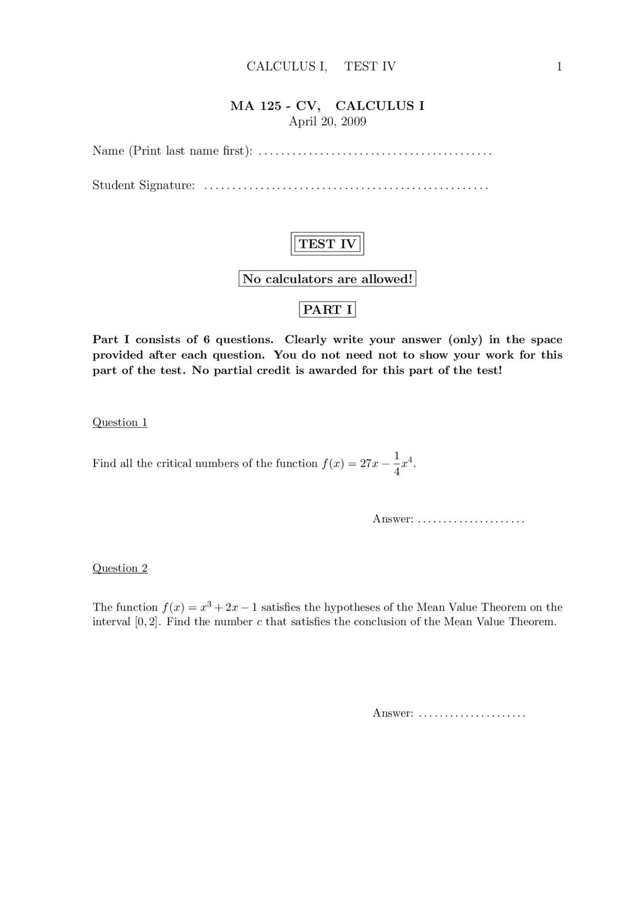 Indefinite Integral Calculus I Exam Docsity