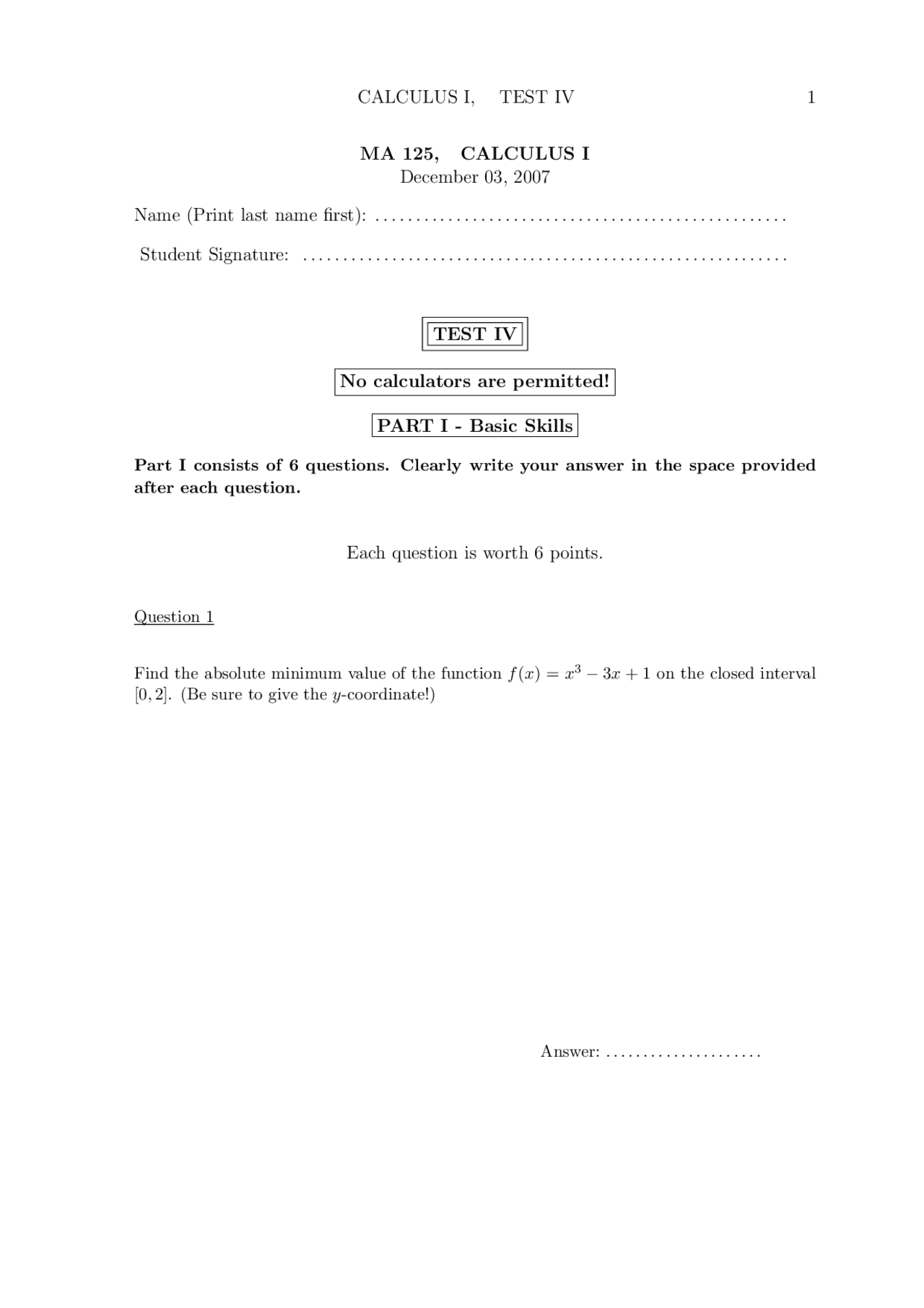 Absolute Minimum Value Calculus I Exam Docsity