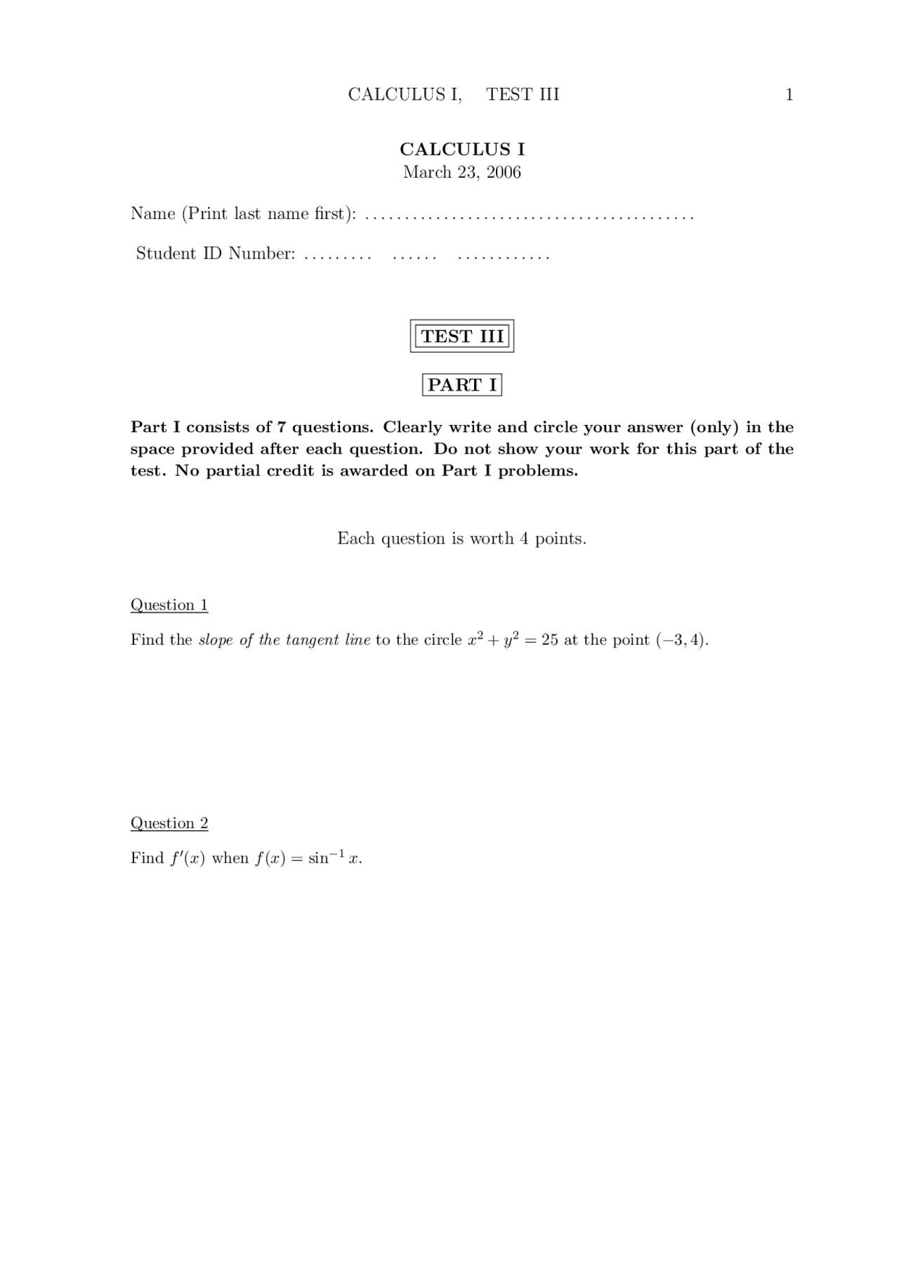 Slope Of Tangent Line Calculus I Exam Docsity