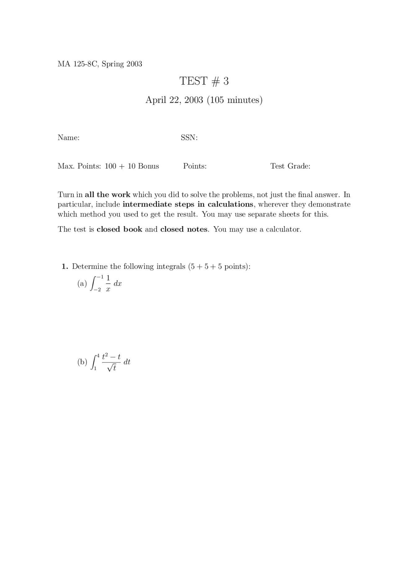 Determine Integrals Calculus I Exam Docsity