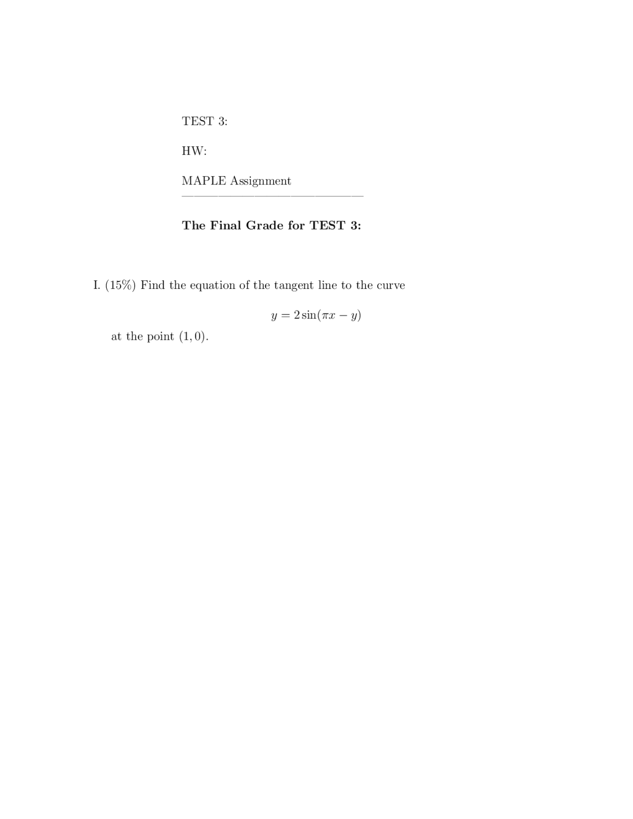 Equation Of Tangent Line Calculus I Exam Exams Calculus Docsity