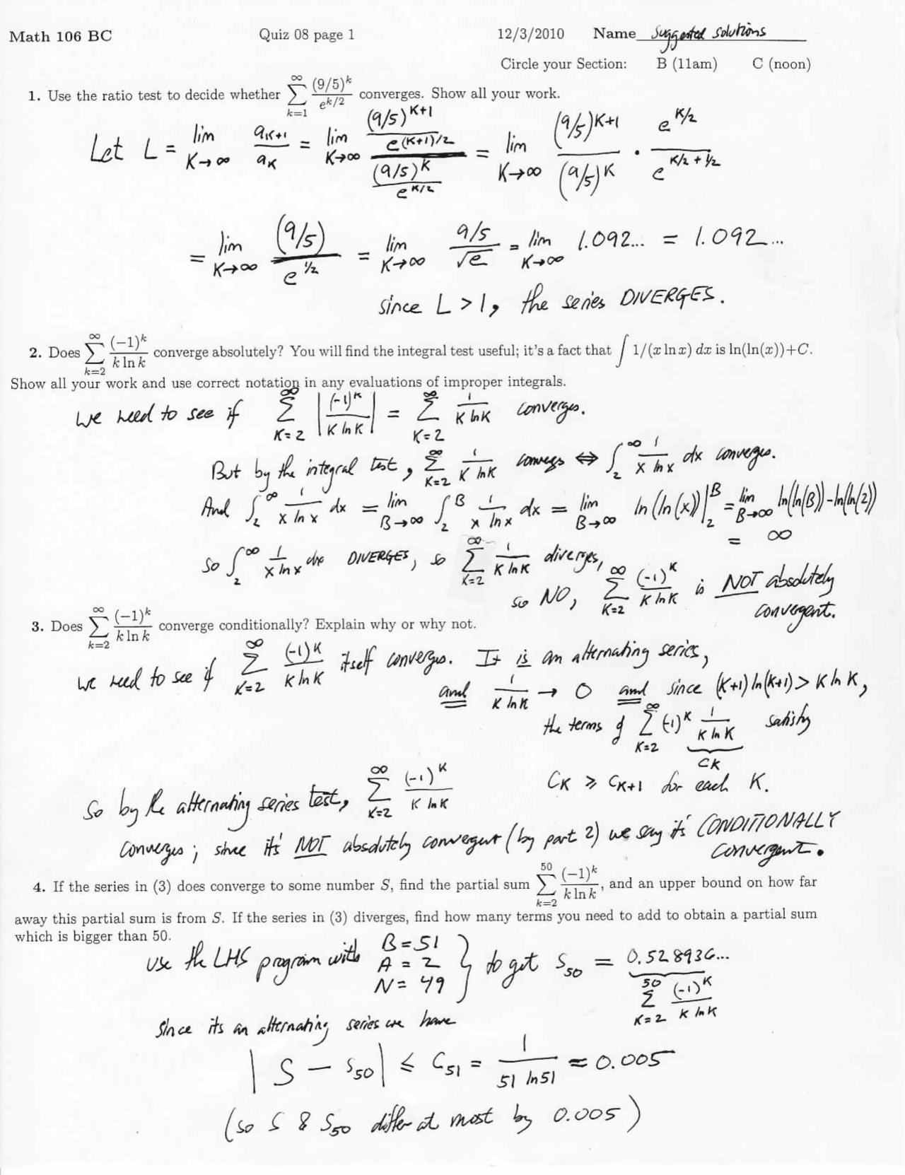 Correct Notation Calculus Solved Quiz Docsity