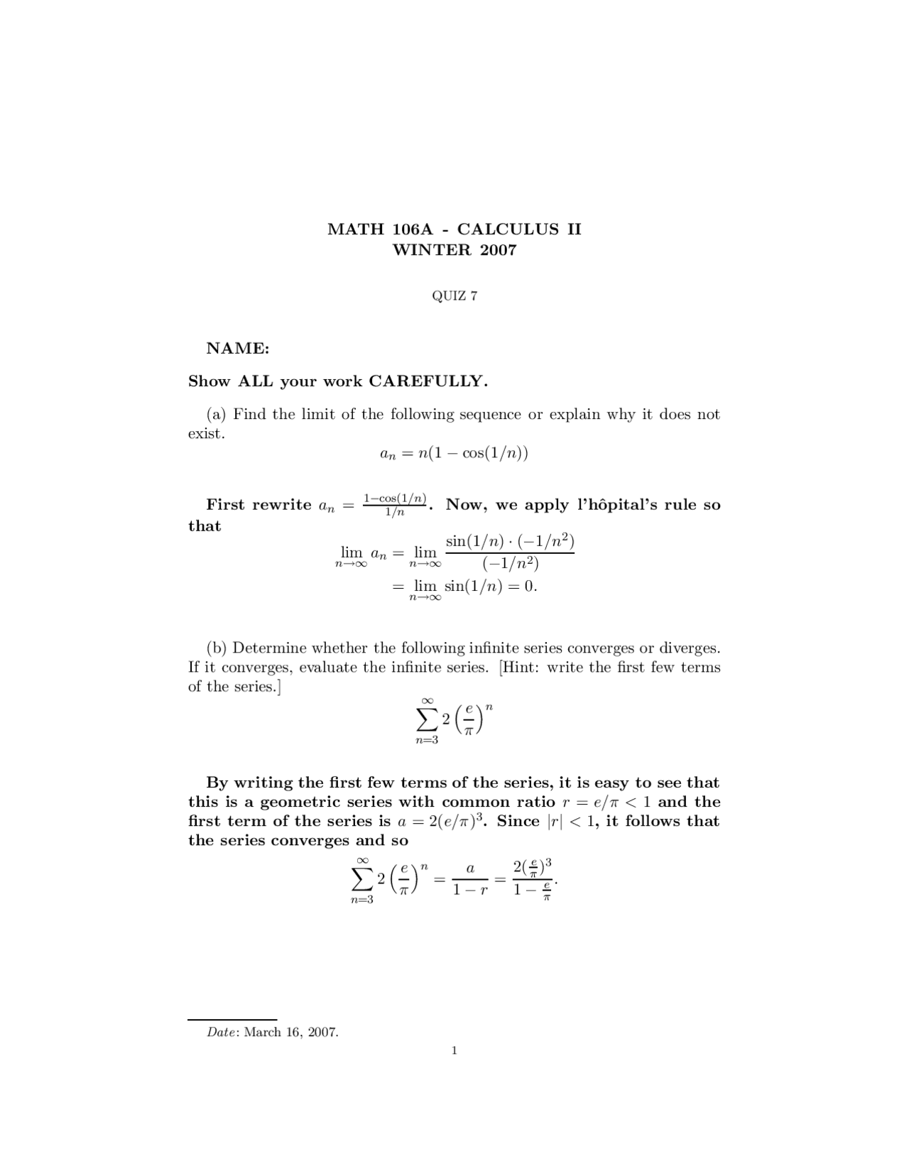 Following Sequence Calculus Solved Quiz Docsity
