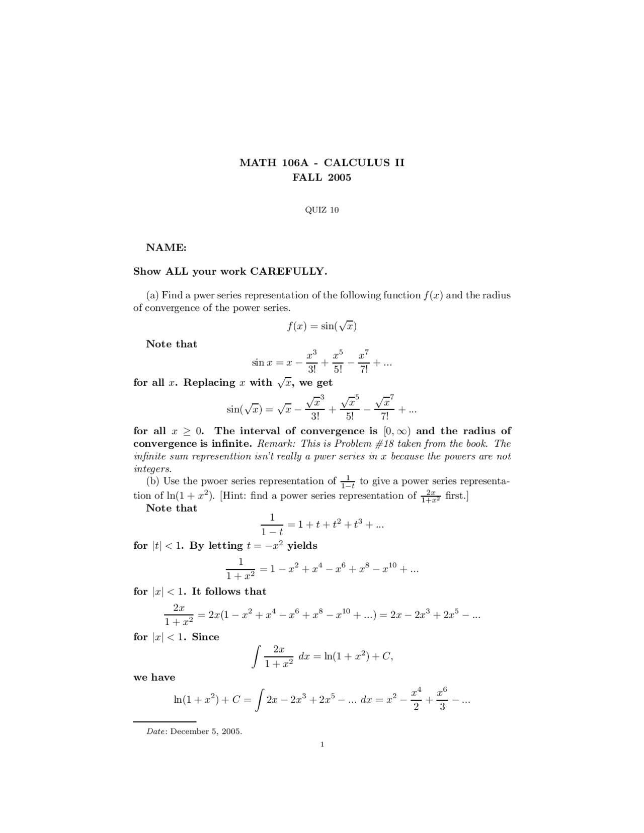 Series Representation Calculus Solved Quiz Docsity