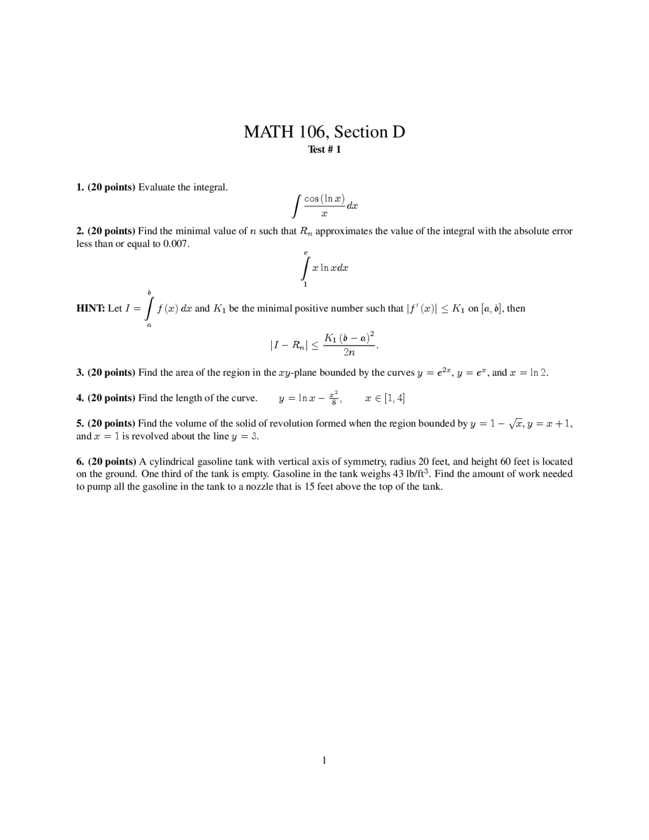 Region Calculus Exam Docsity