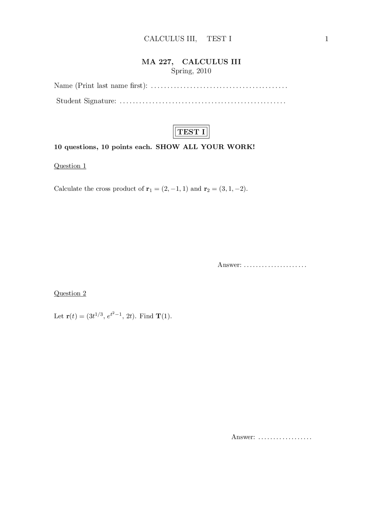 Normal Plane - Calculus III - Exam | Exams Advanced Calculus | Docsity