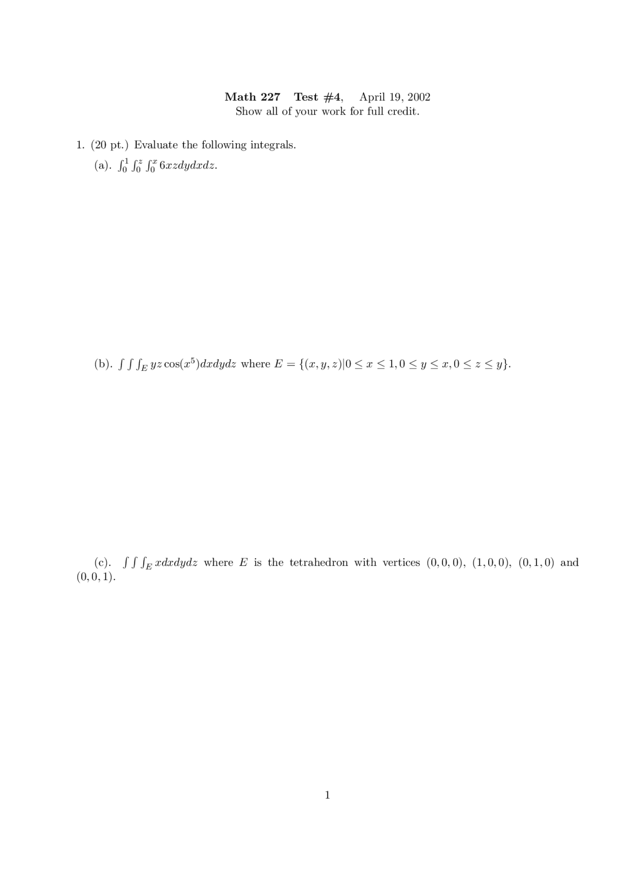 Tetrahedron with Vertices - Calculus III - Exam - Docsity