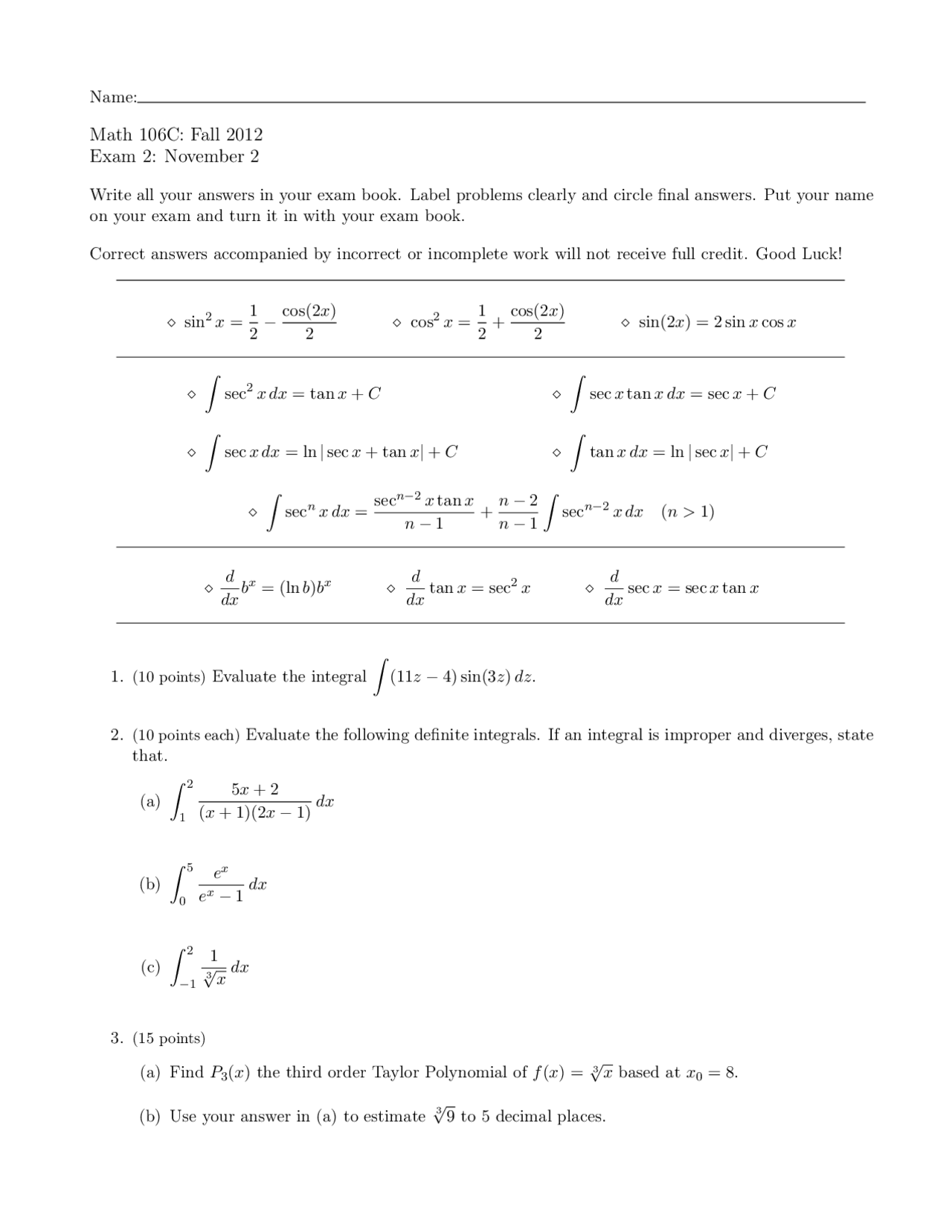 Math 106C: Fall 2012 Exam 2 | Exams Calculus | Docsity