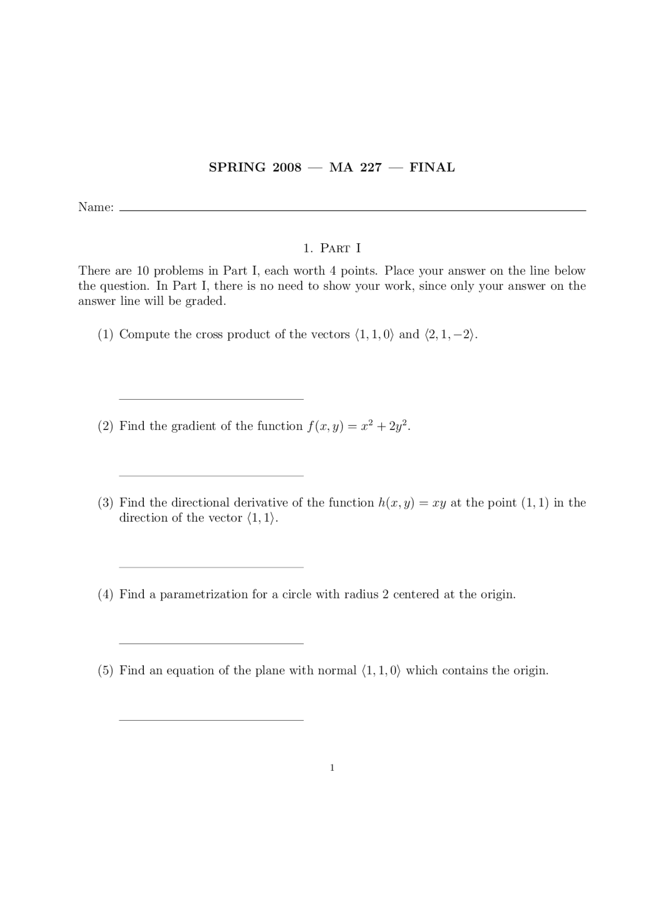 Equation of Plane - Calculus III - Exam | Exams Advanced Calculus - Docsity