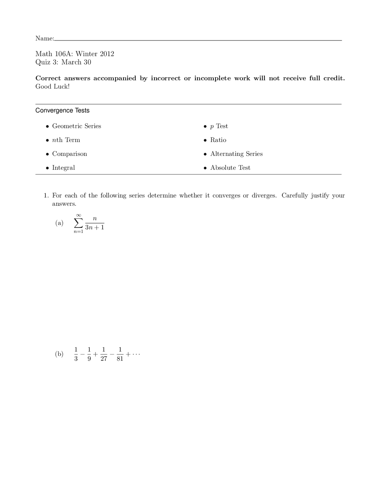 Alternating Series Calculus Quiz Docsity