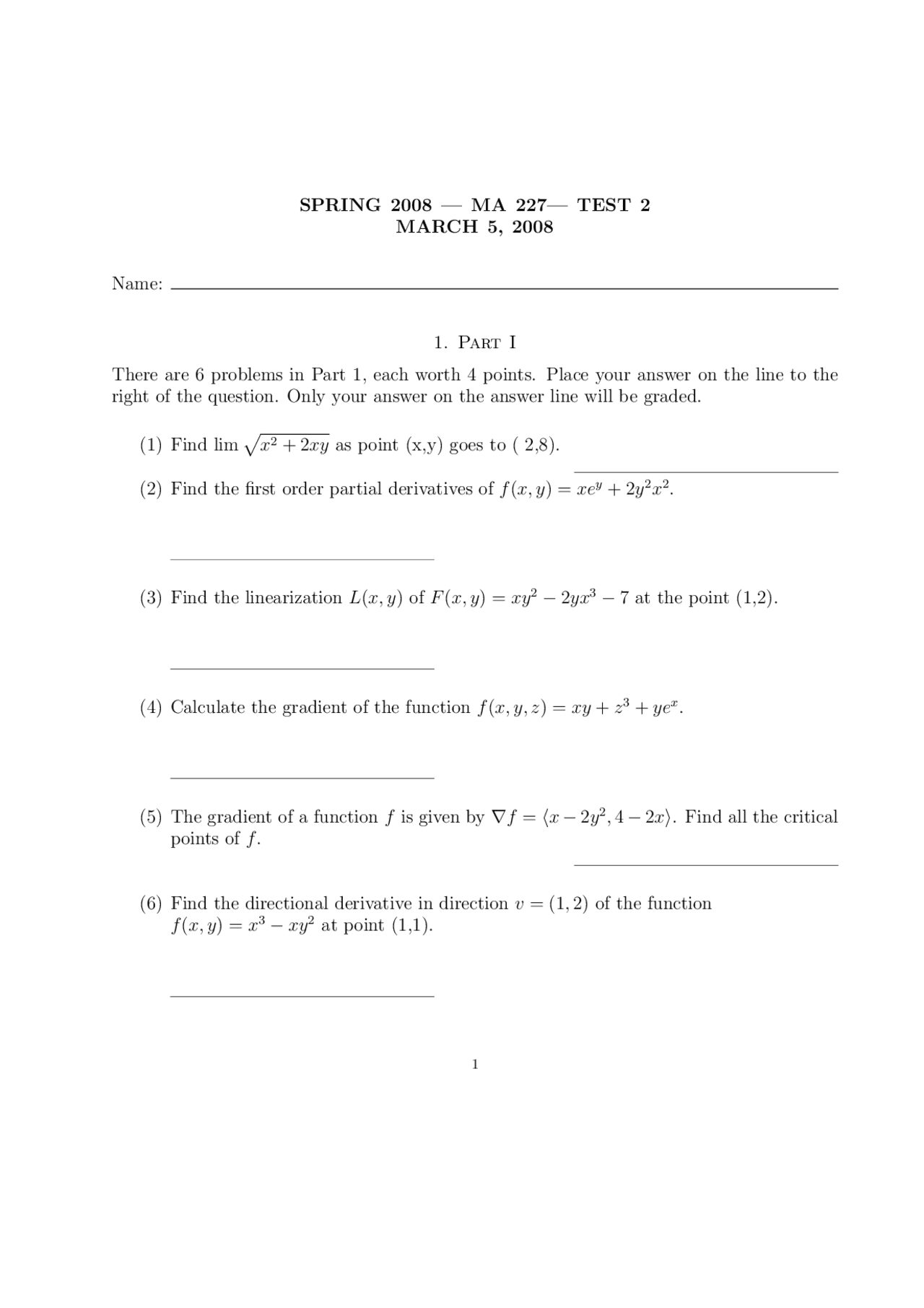 Critical Points Calculus Iii Exam Exams Advanced Calculus Docsity