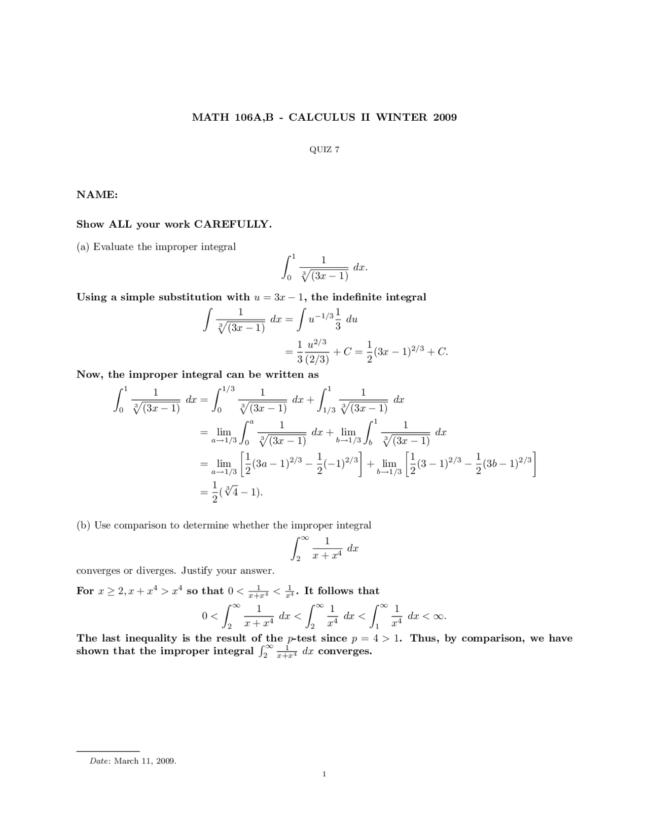 Improper Integral - Calculus - Solved Quiz | Exercises Calculus | Docsity