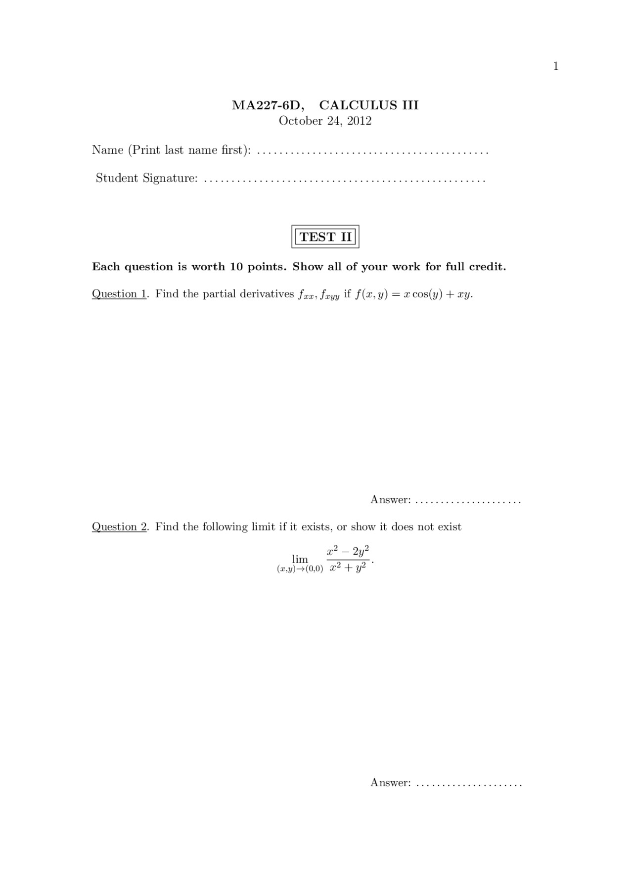 Partial Derivatives Calculus Iii Exam Exams Advanced Calculus