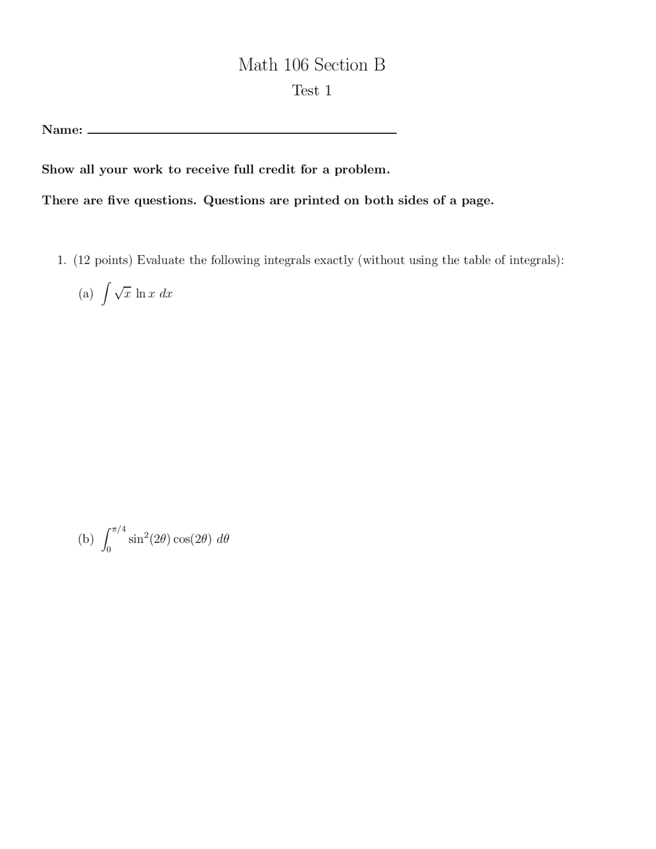 Improper Integral Calculus Exam Docsity