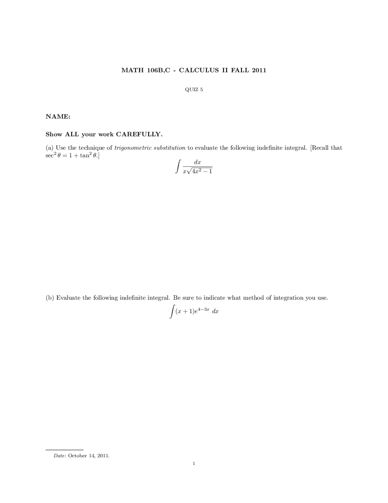 Trigonometric Substitution Calculus Quiz Docsity