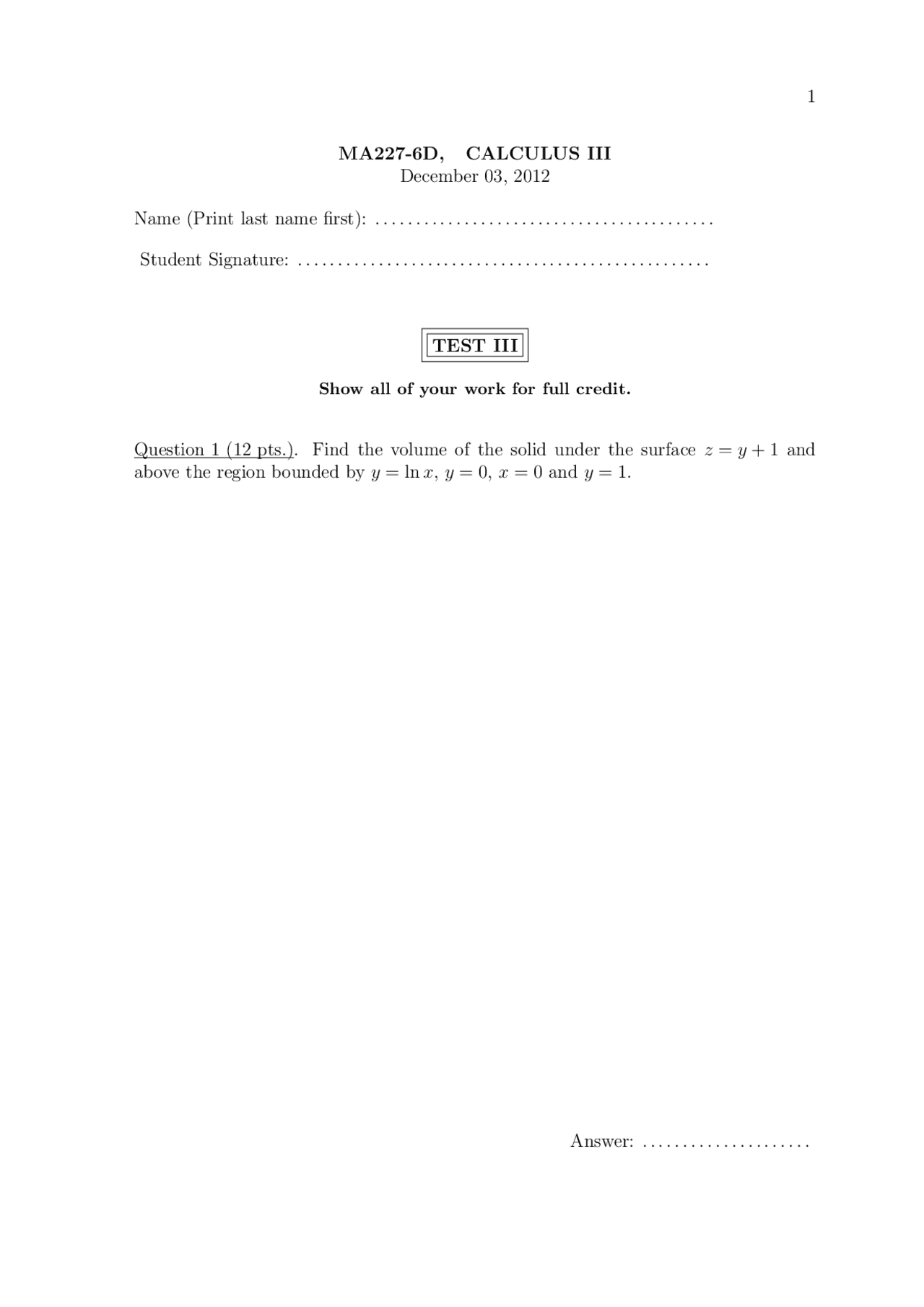 First Quadrant Calculus Iii Exam Exams Advanced Calculus Docsity