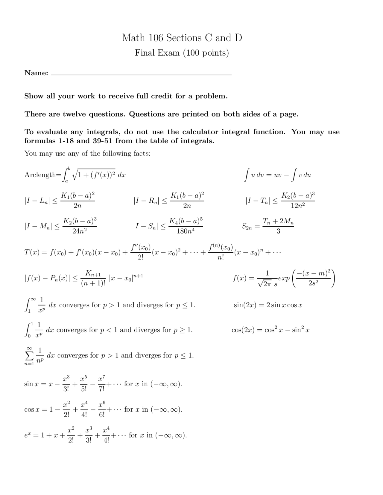 Integrals Exactly Calculus Exam Docsity