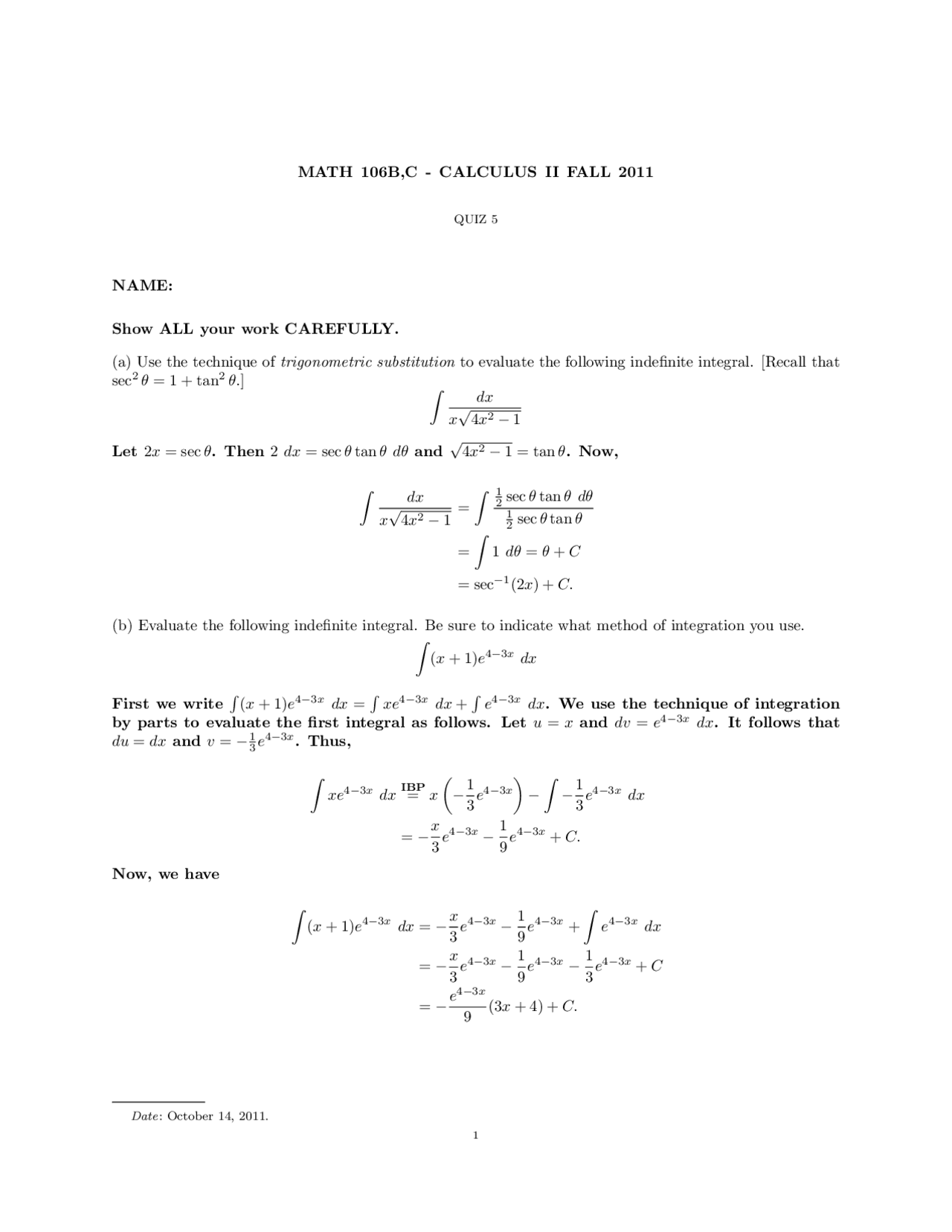 Trigonometric Substitution Calculus Solved Quiz Docsity