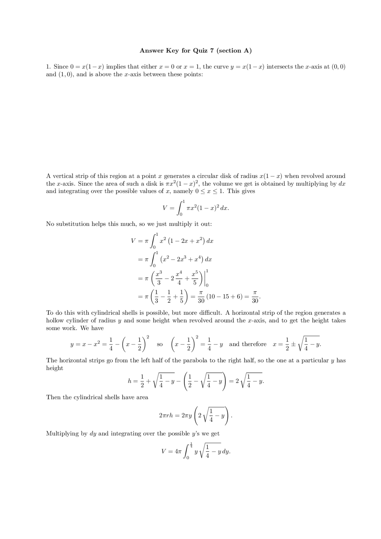 Revolving Calculus Solved Quiz Docsity