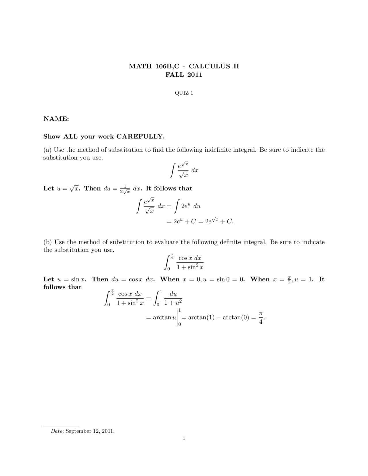 Method Of Substitution Calculus Solved Quiz Docsity