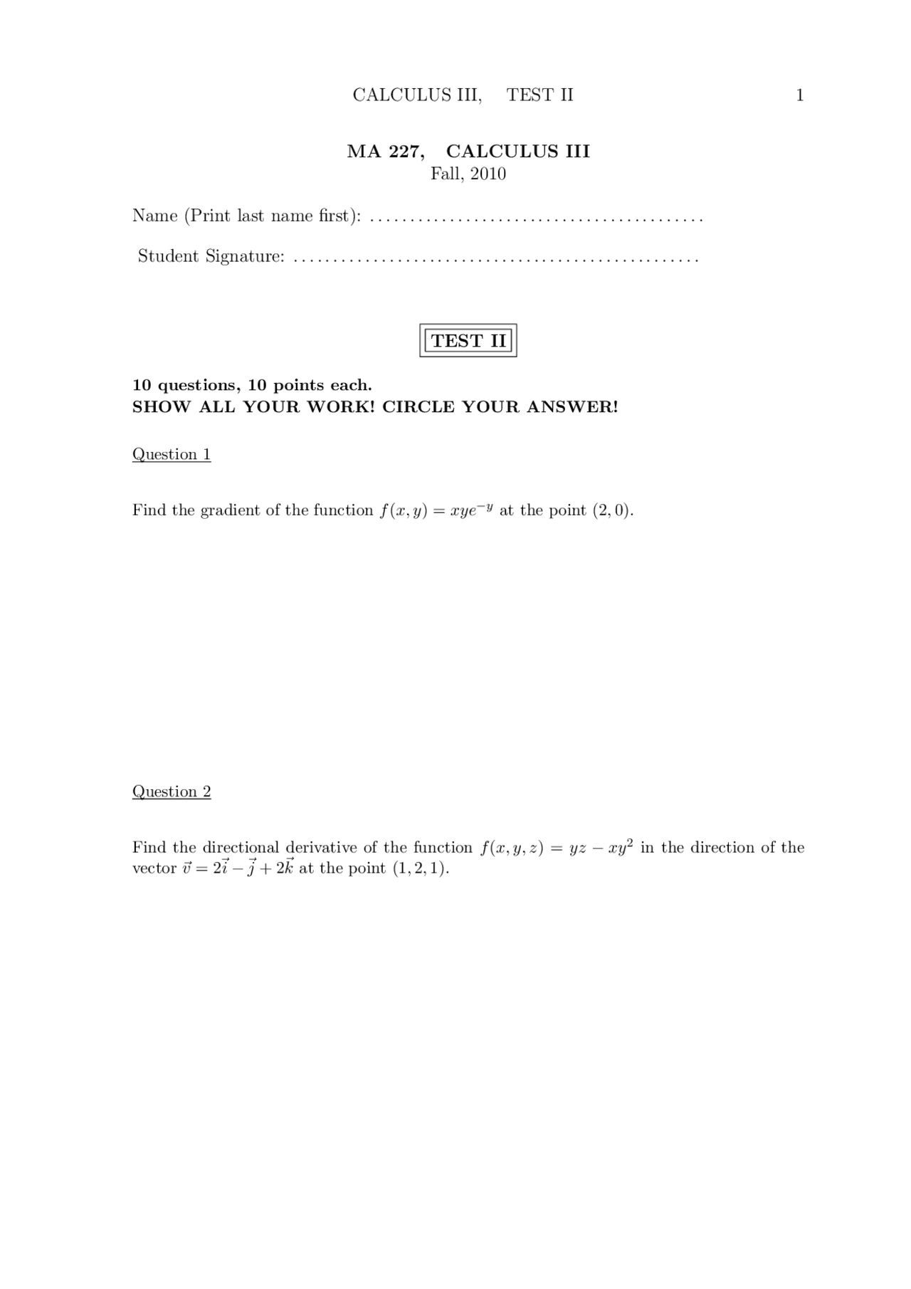 Direction of Vector - Calculus III - Exam | Exams Advanced Calculus - Docsity