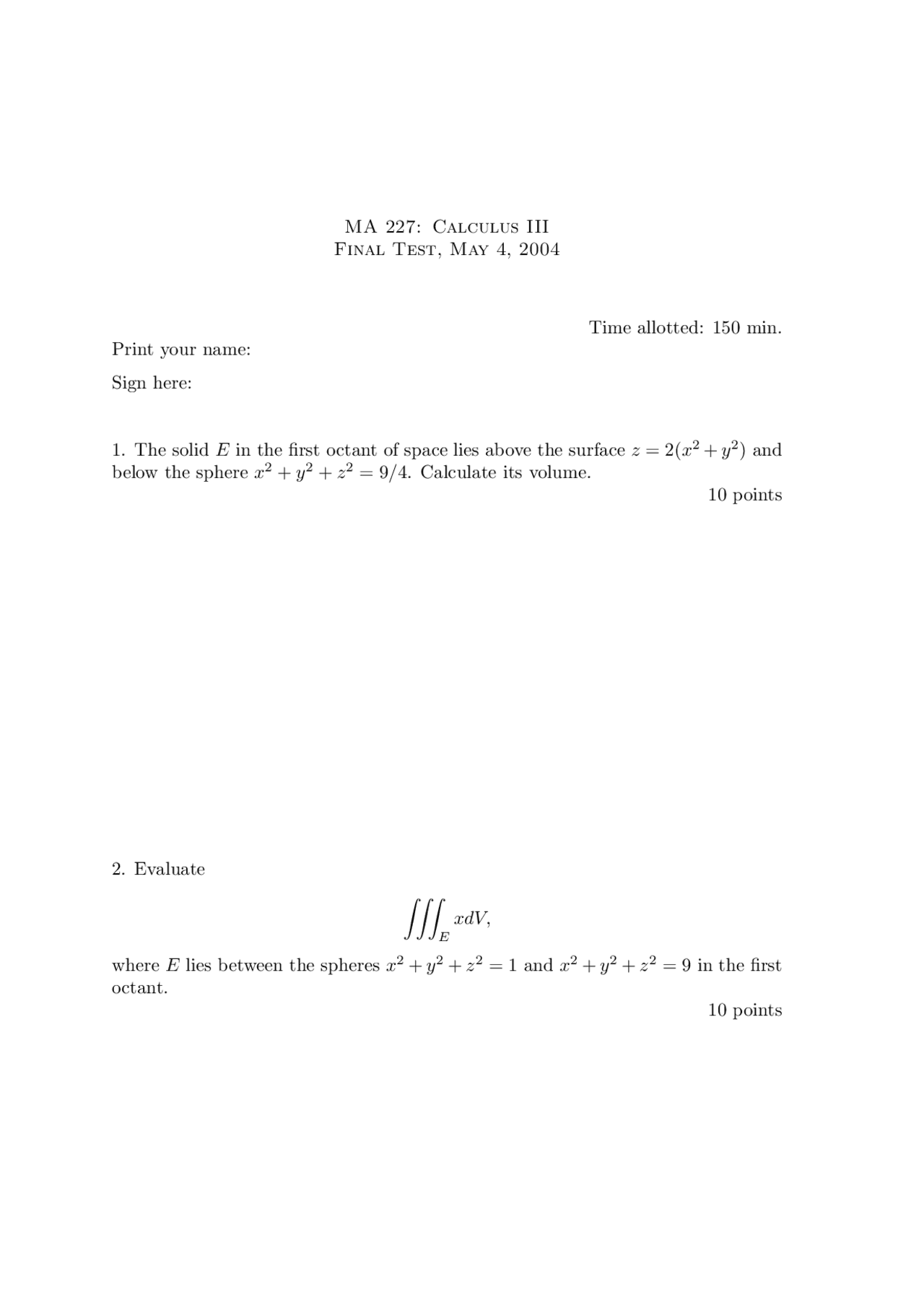 First Octant of Space - Calculus III - Exam | Exams Advanced Calculus ...